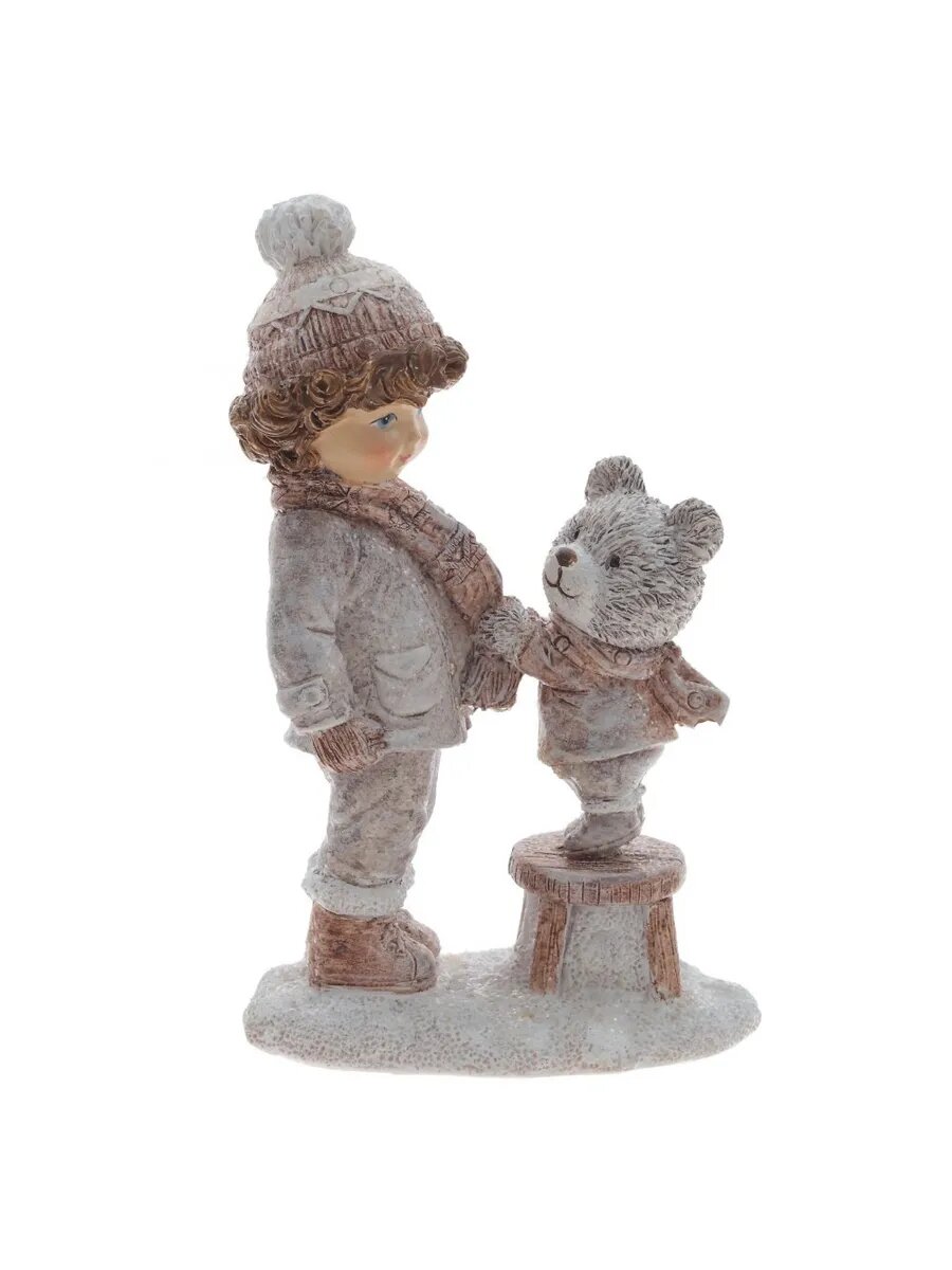 Фигурка декоративная Мальчик и медвежонок, полимерная, 14 см