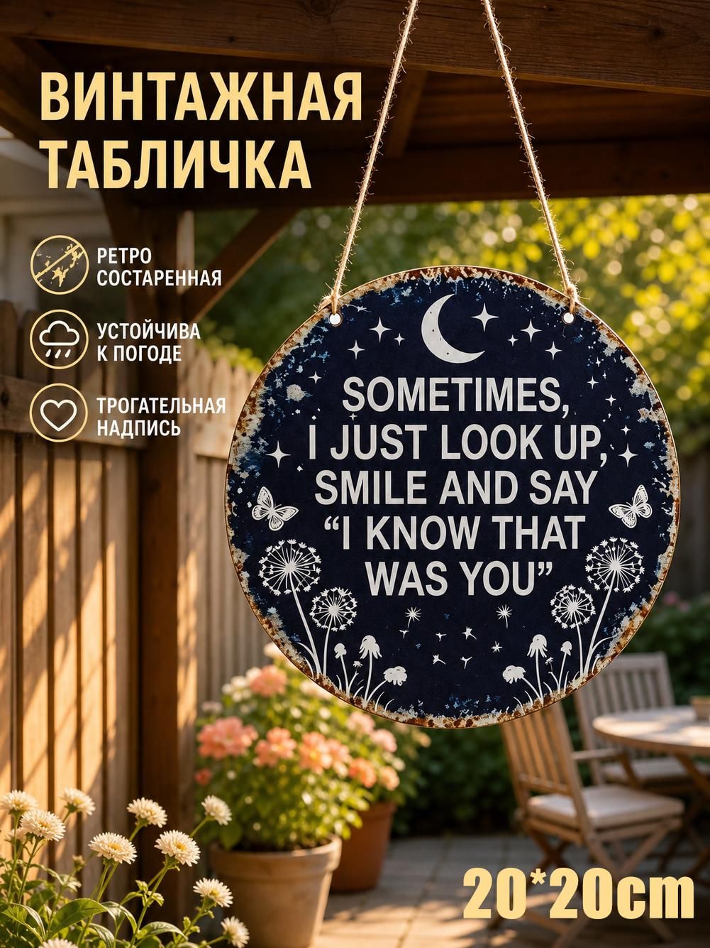 Табличка для дома, круглая, из металла, тёмно-синяя, с шнуром для подвеса, 20х20 см