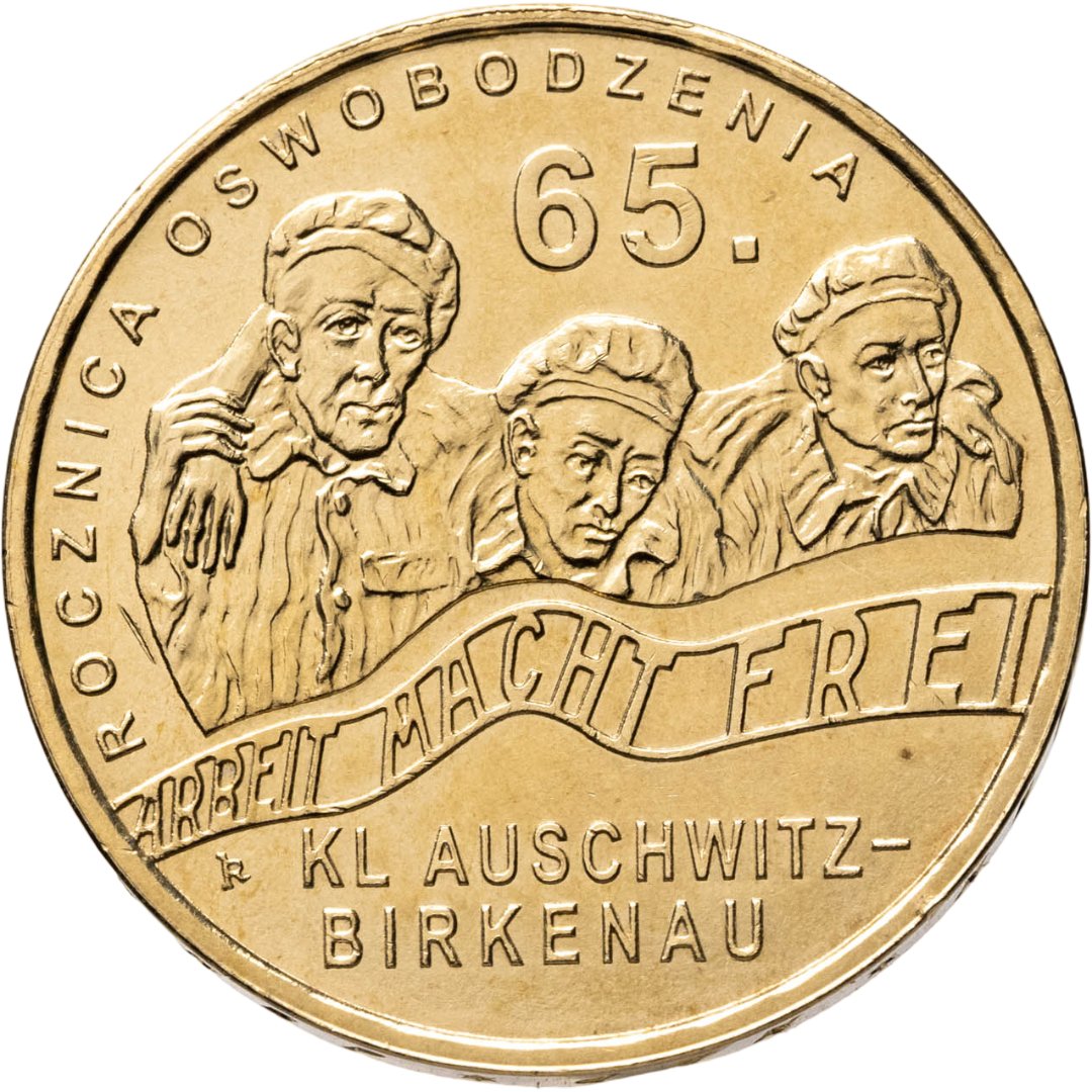 Польша 2 злотых 2010 "65 лет освобождения концлагеря Аушвиц-Биркенау", Латунь, в сохранности UNC