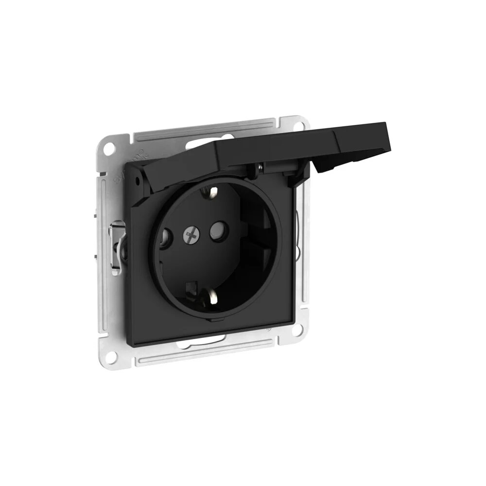 Механизм розетки Systeme Electric ATLASDESIGN с заземлением, со шторками, с крышкой, 16А, IP20, быстрозажимная клемма, карбон ATN001046S