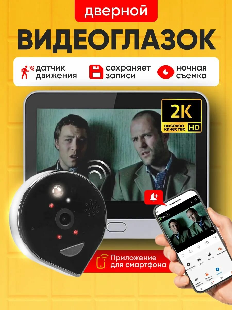 Видеоглазок для входной двери с датчиком движения и запись, 3 мегапикселя, с картой памяти 64 Гб,1920x1080, 4.3'