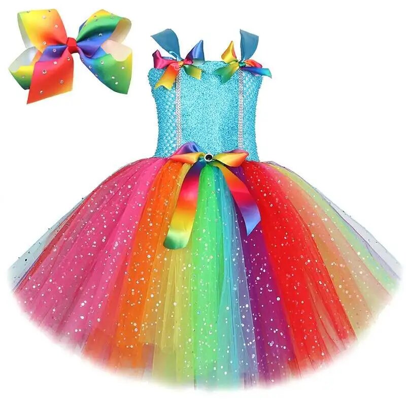 Радужные карнавальные платья для девочек JY-881 6T, Dress with Hairband
