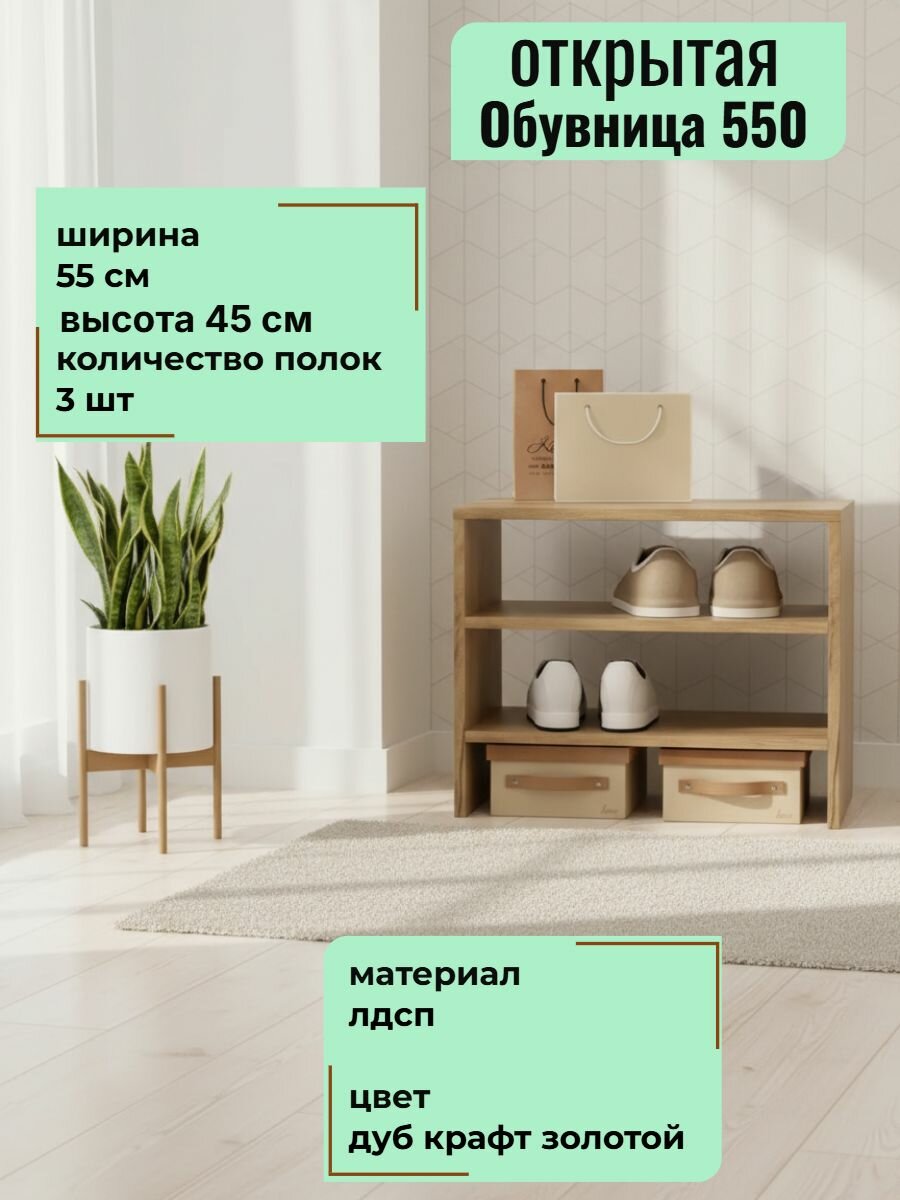 Обувница открытая 550 Дуб Крафт золотой, ширина 55 см, этажерка для обуви, в прихожую