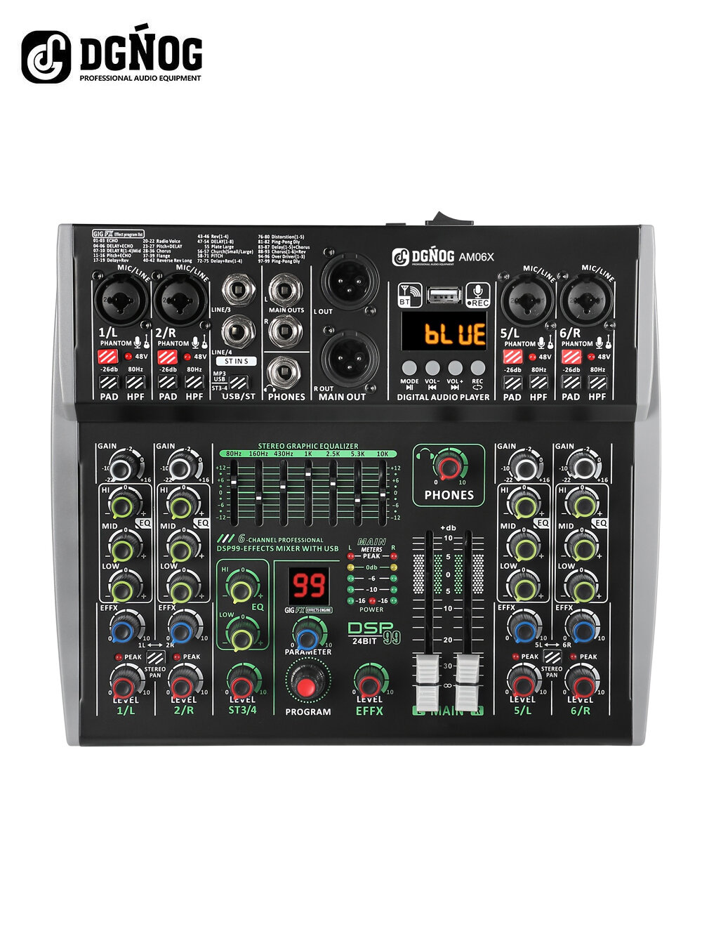 6-канальный диджейский микшерный пульт DGNOG AM06X с 99 цифровыми эффектами, Bluetooth, USB-воспроизведением и записью