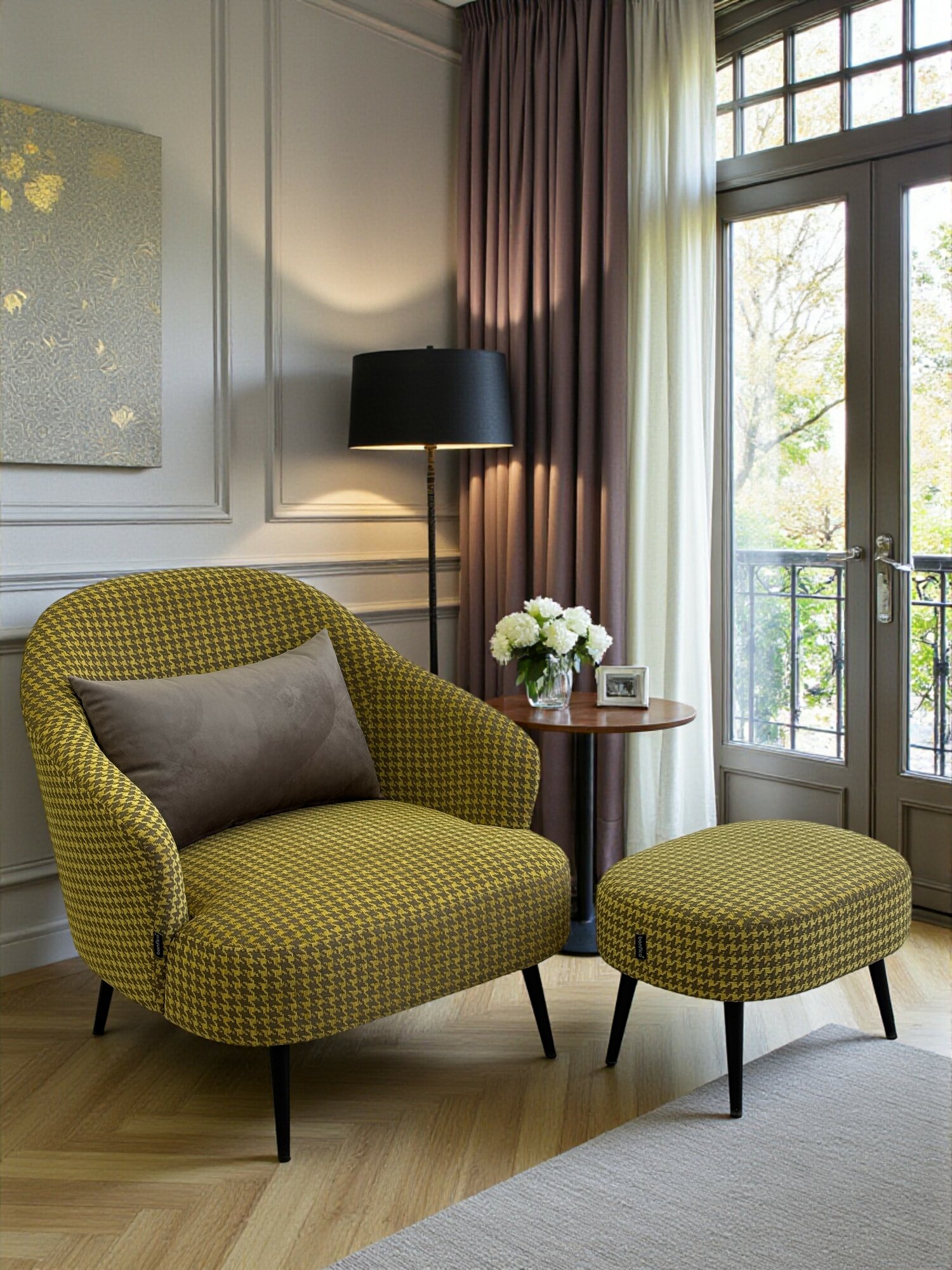 Кресло классическое Леон и пуф, для дома и отдыха, принт гусиная лапка, желтое