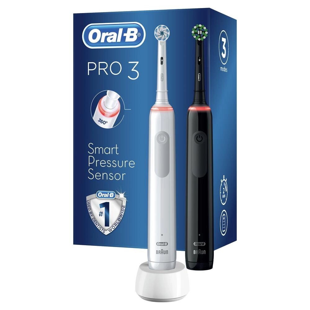 Электрическая зубная щетка Oral-B Pro Series 3, набор из 2 штук, с датчиком давления на десны, Черная и Белая