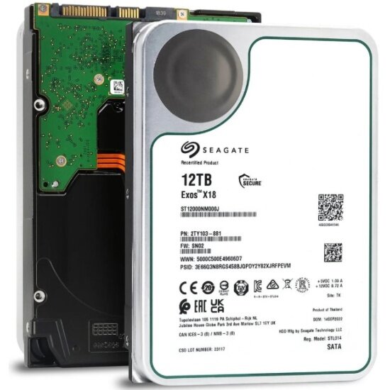 Жесткий диск Seagate 3.5" 12.0Tb SATA 6Gb/s 7200rpm 256MB Exos X18 enterprise ST12000NM000J-FR FACTORY RECERTIFIED