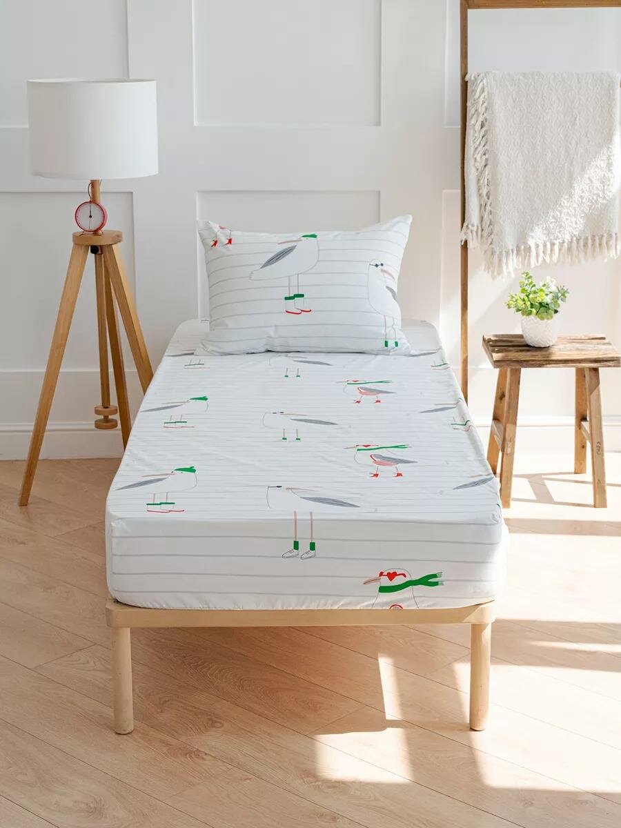 YERRNA Простыня на резинке 90х200+26 см, аналог икеа, 100% хлопок, перкаль, чайки