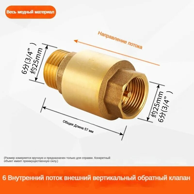 Латунный вертикальный пружинный обратный клапан на 3/4 дюйма (6 фэнь) с комбинированной резьбой (внутренняя + наружная)
