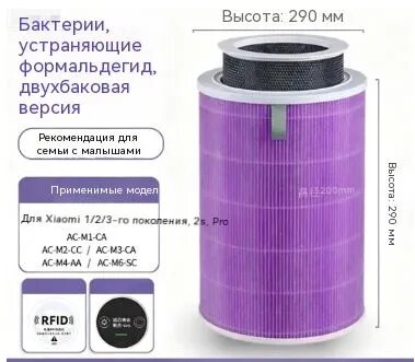 Антибактериальный фильтр для очистителя воздуха Xiaomi Mi Air Purifier 2, 2S, 3, 3C, 3H с RFID