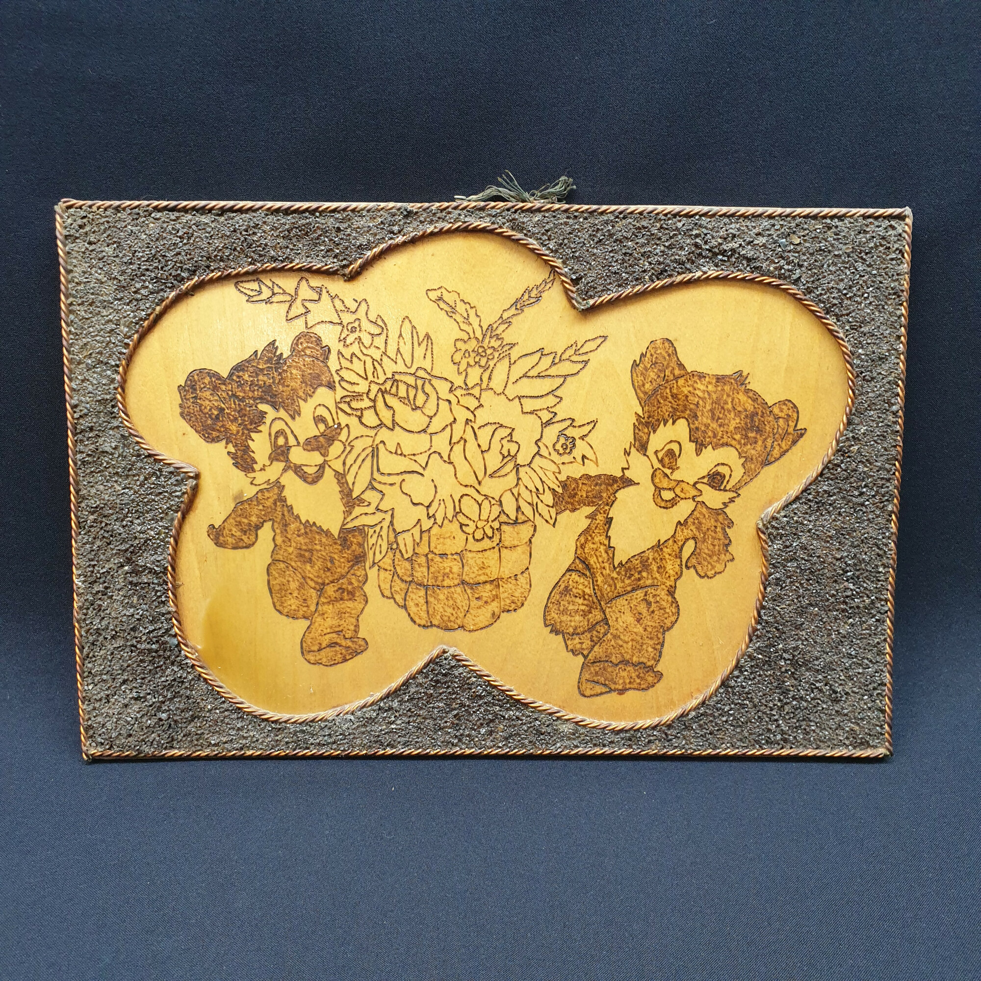 Винтажное панно Медвежата выжигание по дереву, металл 35х23 СССР