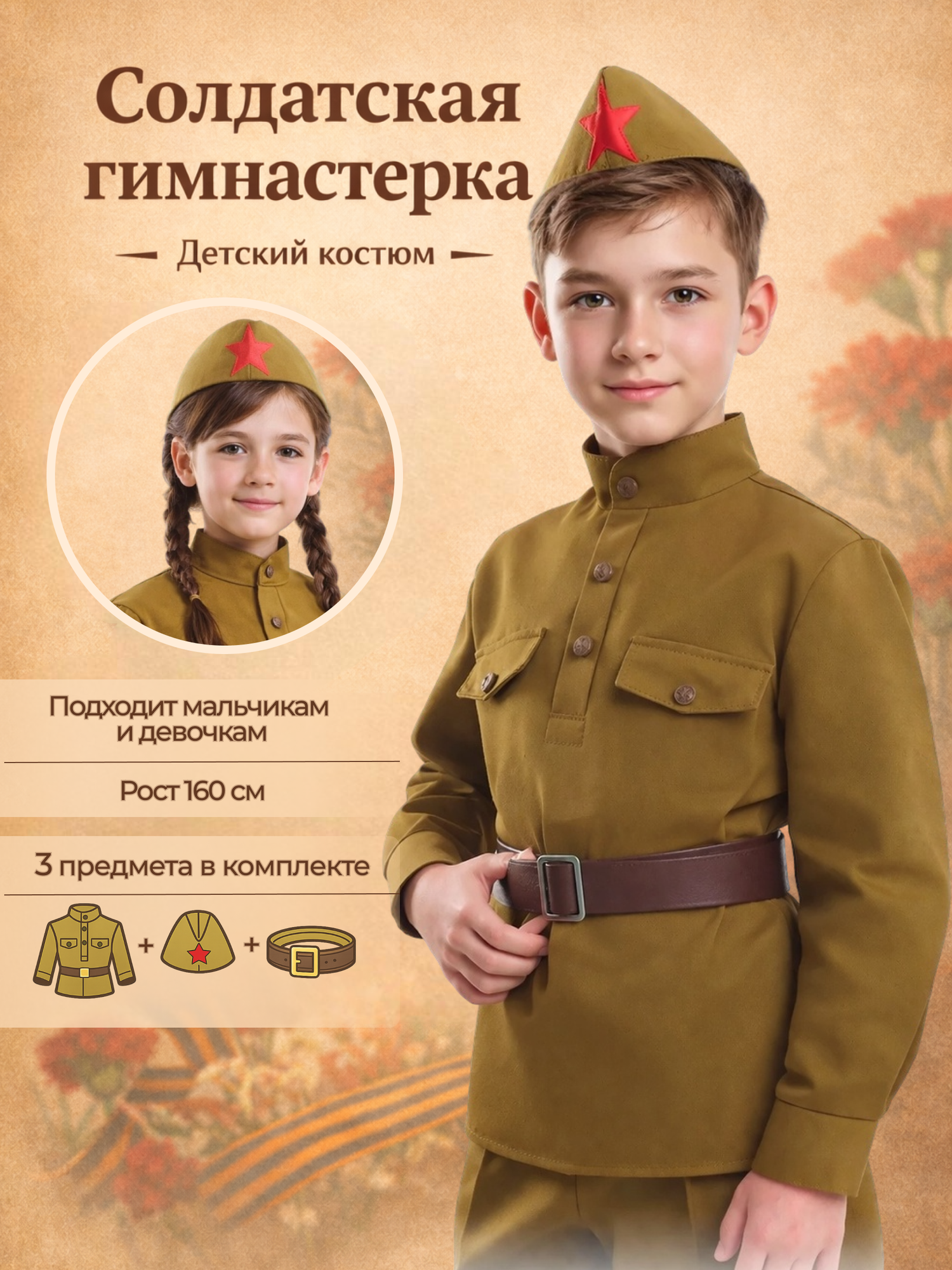 Карнавальный костюм "Бока" (Россия) для мальчика на 10-12 лет рост 160, набор военного на парад 9 мая, 23 февраля, пилотка, гимнастерка, ремень