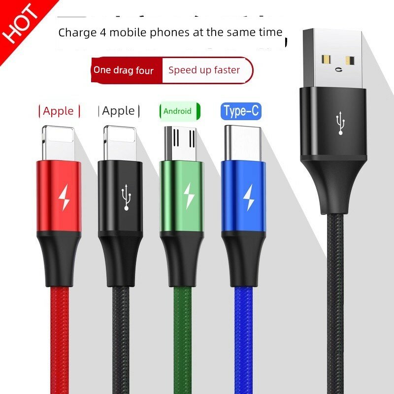 Кабель зарядки 4-портовый с двойным Lightning, USB-C и Micro USB портами для быстрой зарядки 3.5А совместимый с iPhone