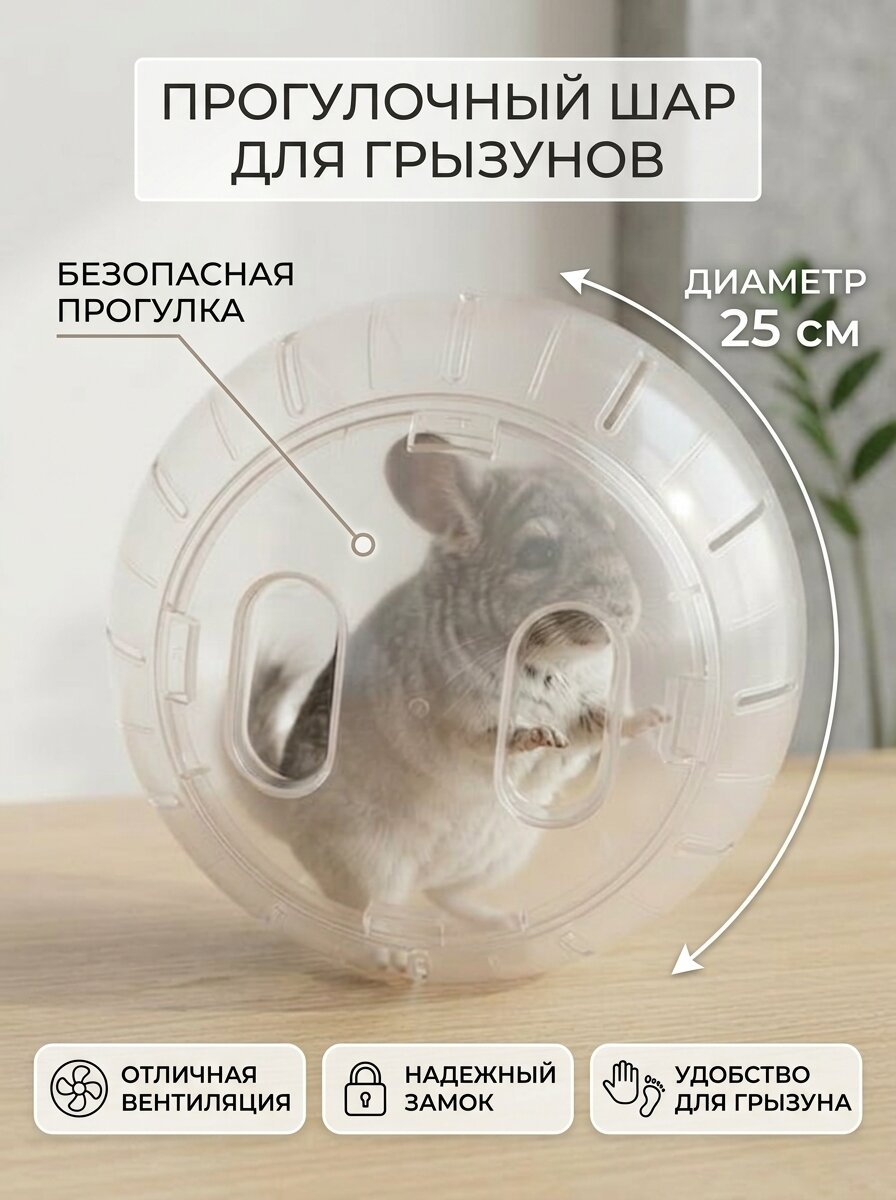 Прогулочный шар для грызунов, шиншилл, морских свинок, крыс, мышей, хомяков, 25 см, прозрачный