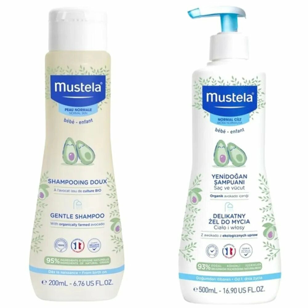 Mustela Мягкий шампунь для детских волос, 200 мл + Mustela Мягкий гель для купания, 500 мл