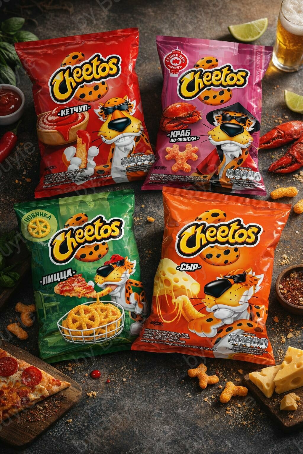 Кукурузные снеки-чипсы Cheetos/ Читос_Комбо Краб по-японски/Пицца/Сыр/Кетчуп, 4 пачки