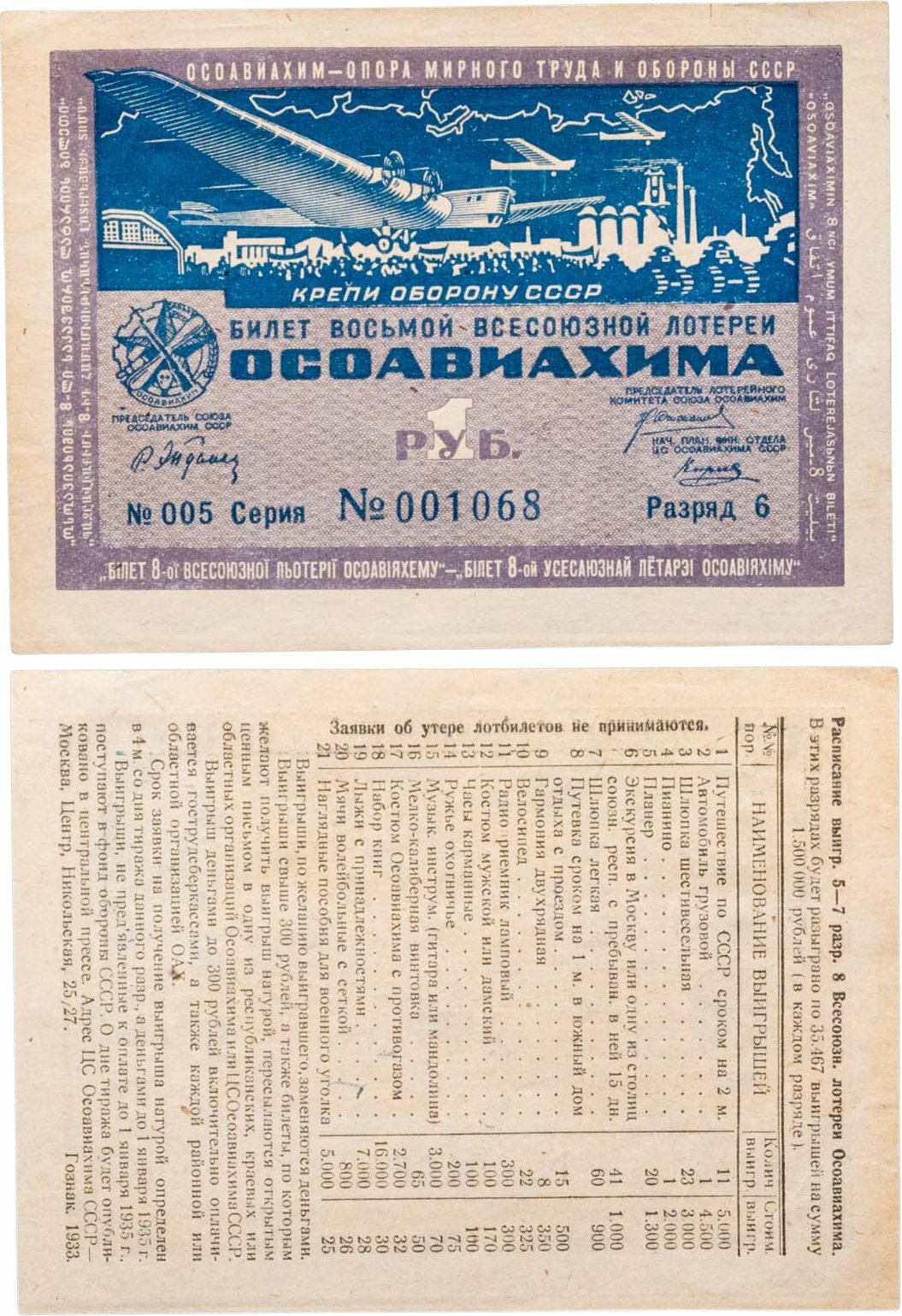 Лотерейный Билет Восьмой Всесоюзной Лотереи осоавиахима 1 рубль 1933 разряд 5