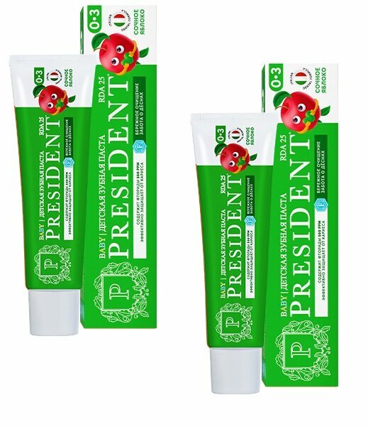 Детская зубная паста President Сочное яблоко 0-3 с фтором, 45г 2шт