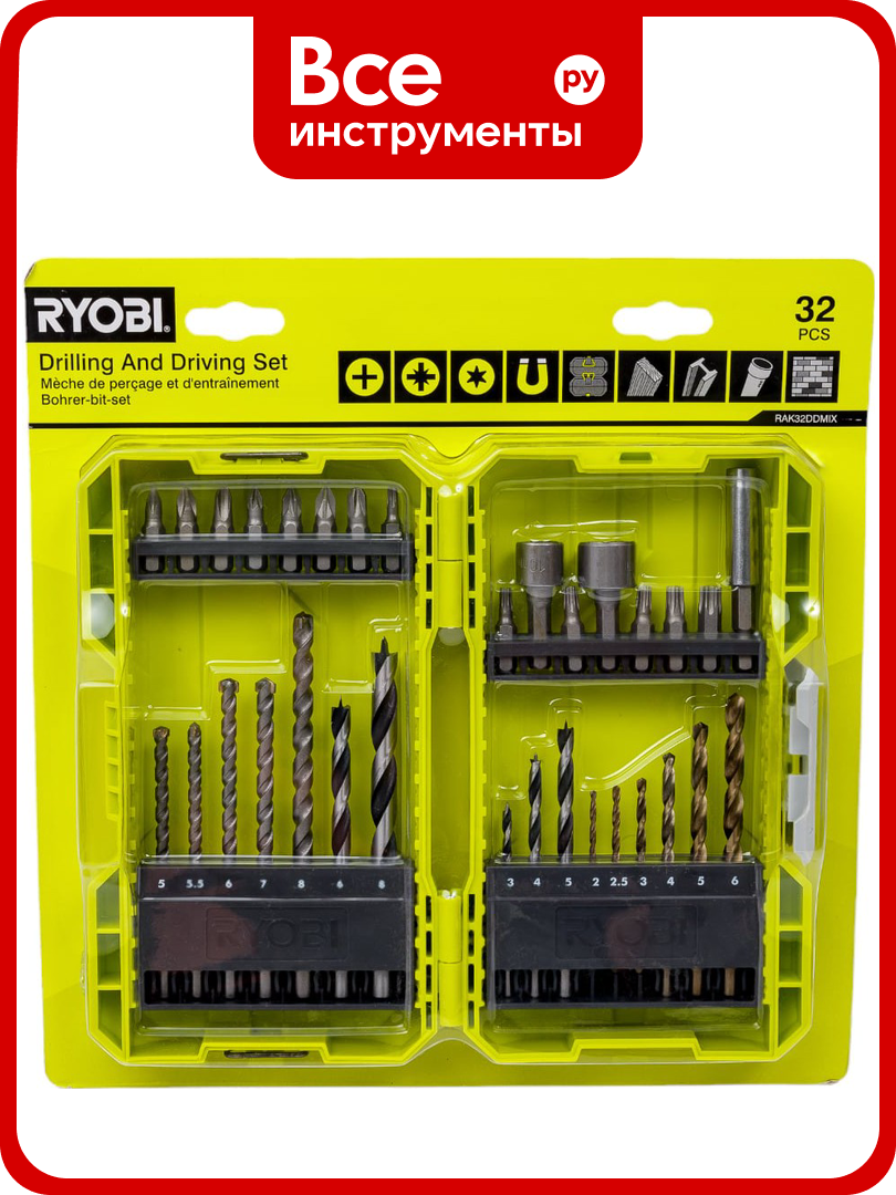 Набор бит и сверл RAK32DDMIX 32 шт Ryobi 5132004425, металл, для дрелей-шуруповертов