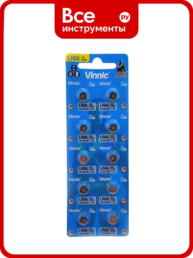 Алкалиновые щелочные батарейки VINNIC L626 (AG4, 377) бл/10 4898338007367