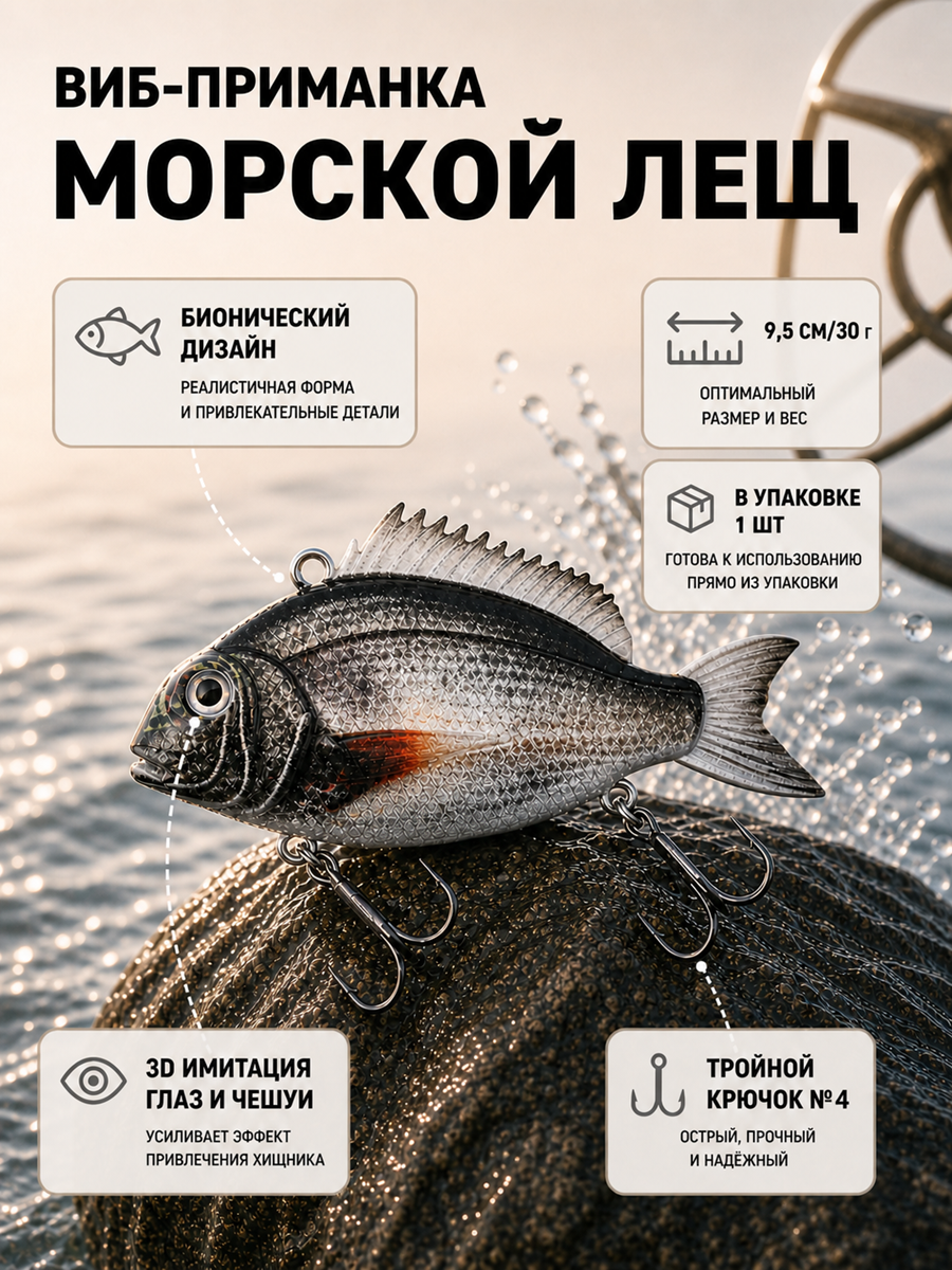 Рыболовная 3D вибрационная виб-приманка (VIB), имитация морского леща, тонущая для дальнего заброса, с тройным крючком 9,5 см/30 г, черно-белая