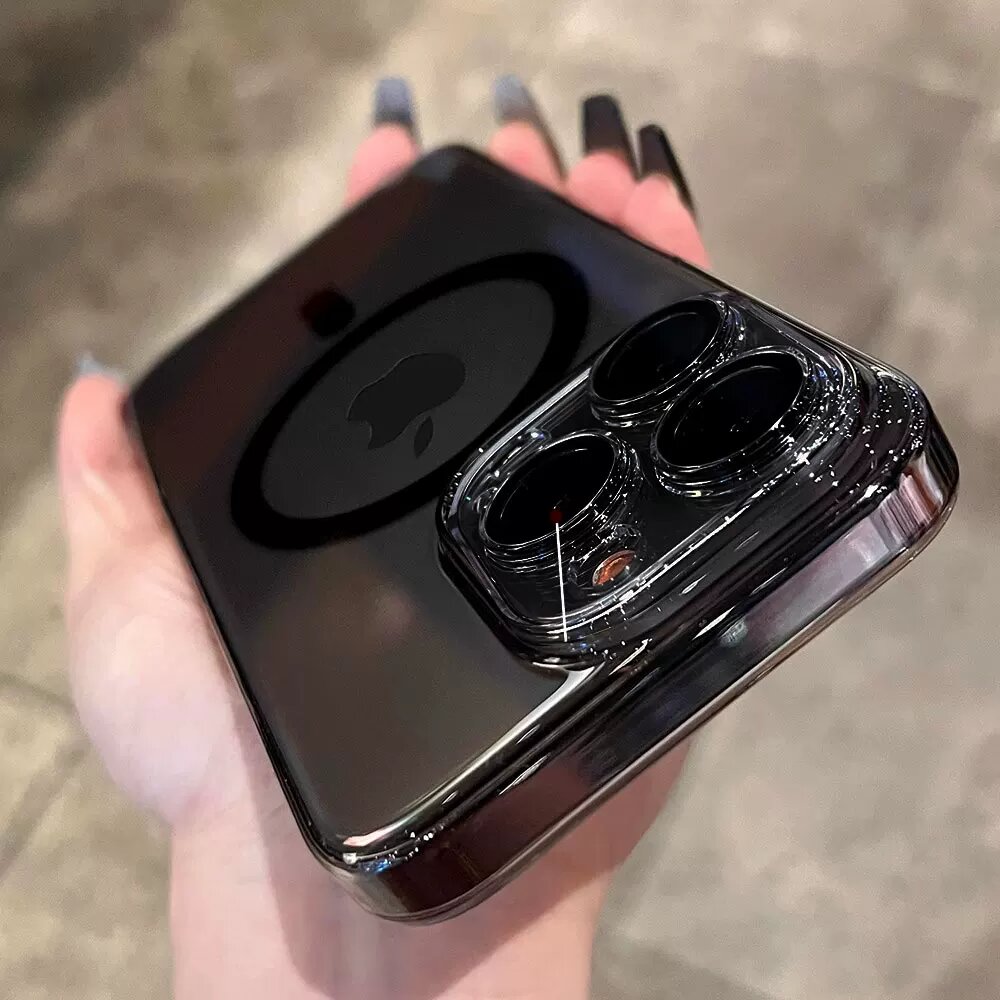 Чехол для iPhone 17 Pro с магнитом, прозрачный ПК, с защитной пленкой на камеру, черный