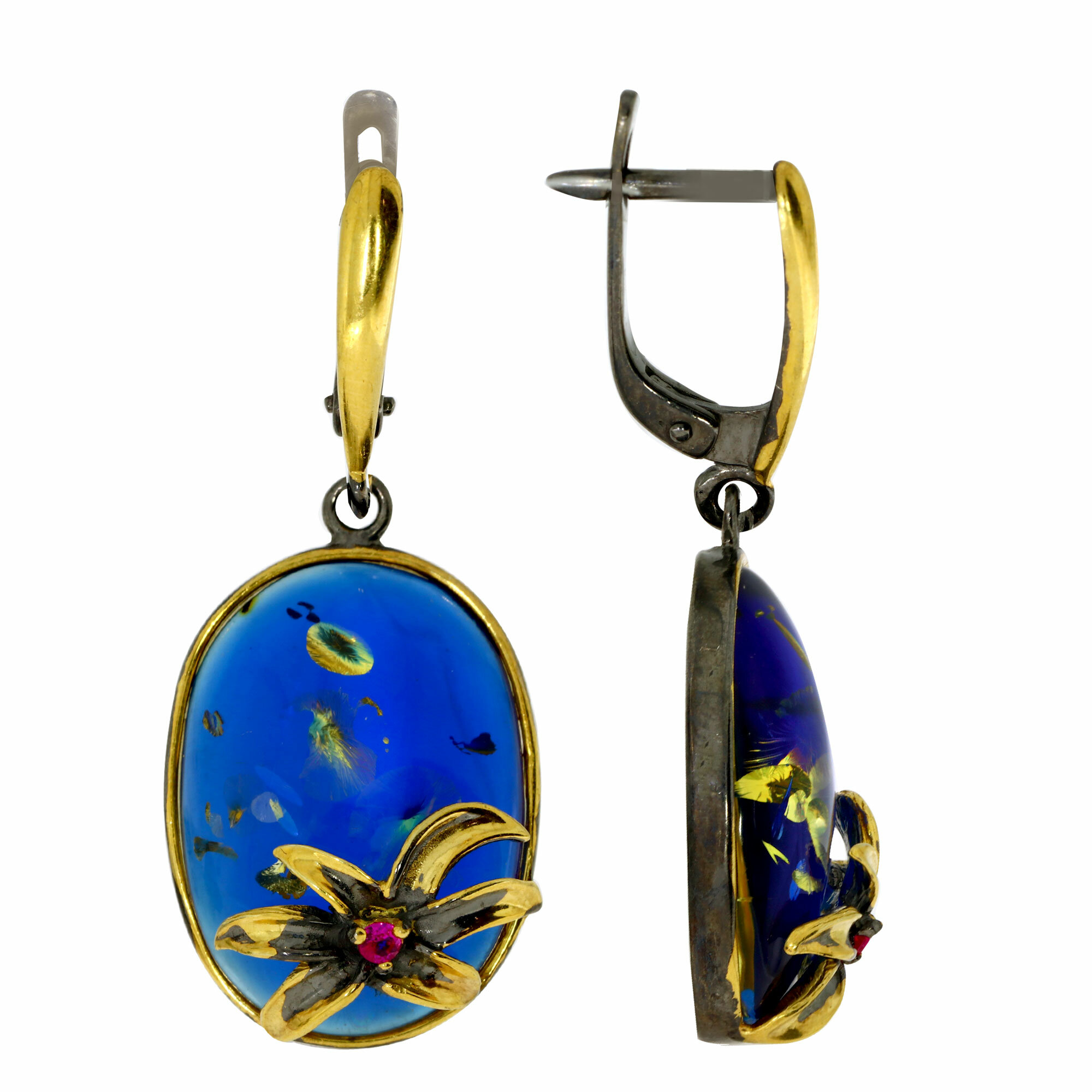 Серьги, серебро, 925 проба, золочение, янтарь, фианит