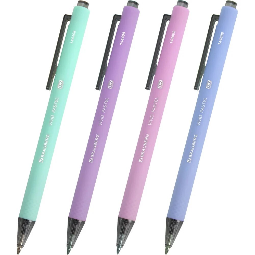 Ручки шариковые BRAUBERG автоматические VIVID PASTEL, синие, набор 4 штуки, линия 0,35 мм, 144408
