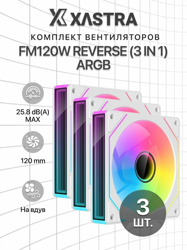 Комплект вентиляторов для корпуса 3 шт. XASTRA FM120W ARGB reverse single pack 120x120x25мм (Infinity lighting effect, ARGB, PWM, white)