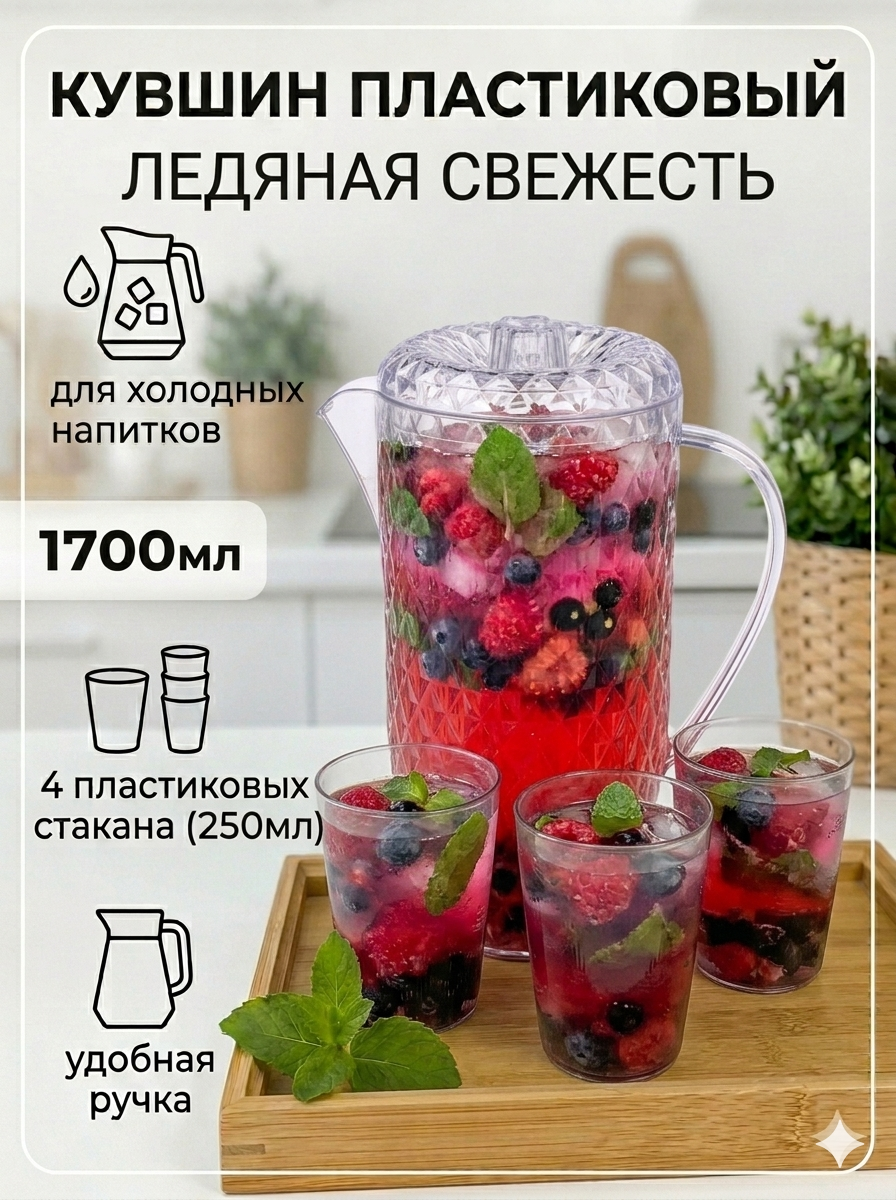 Набор: кувшин пластиковый 1,7 л "Летний хит" + 4 стакана 200 мл, стаканы входят внутрь кувшина, пищевой пластик, для воды и напитков, для дома, дачи и пикника