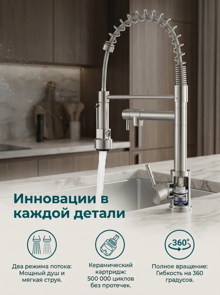 Бытовой вращающийся пружинный кухонный кран с двойным выпуском, защищенный от брызг