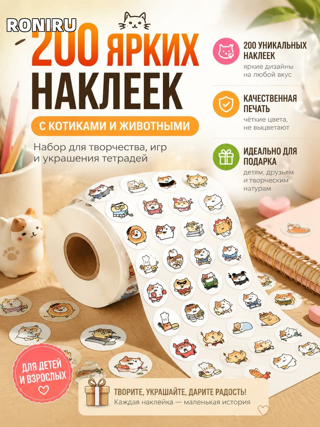 200 ярких наклеек с котиками и животными — набор для творчества и поделок, украшения тетрадей для детей и игры