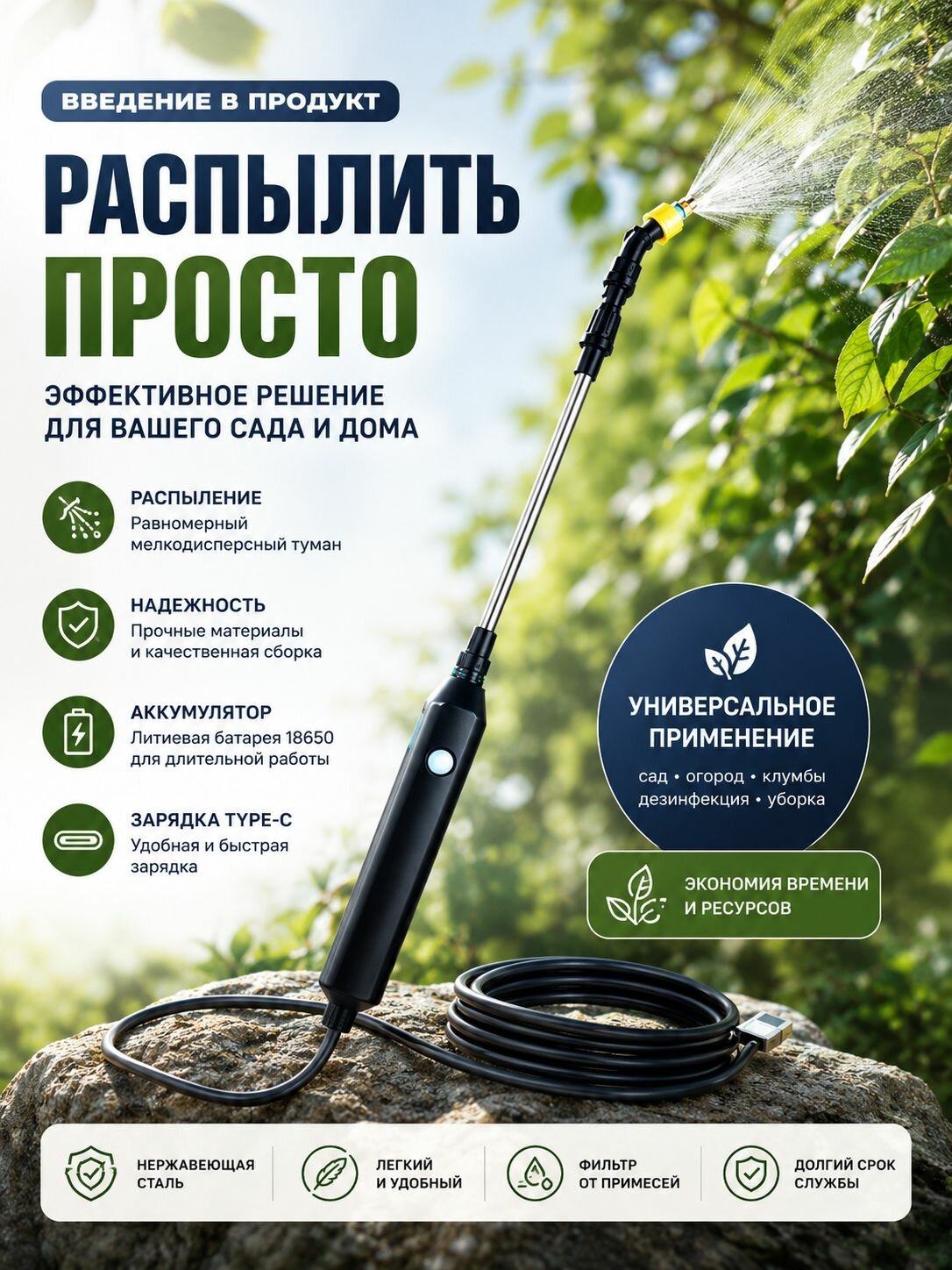 Опрыскиватель для сада с 3 форсунками и 3м водопроводной трубой - для полива растений, мойки машины, домашней уборки