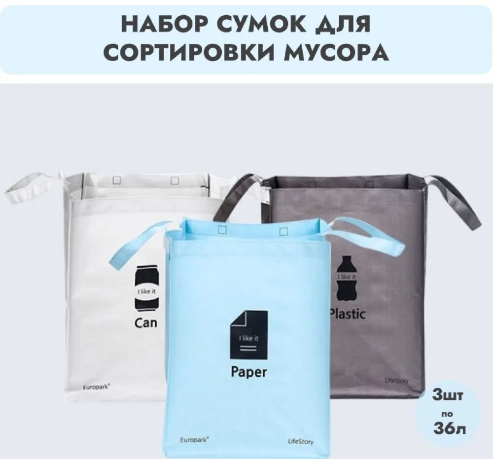 Сумки для сортировки мусора 3х36 литров / Комплект пакетов из полипропилена для раздельного сбора мусора
