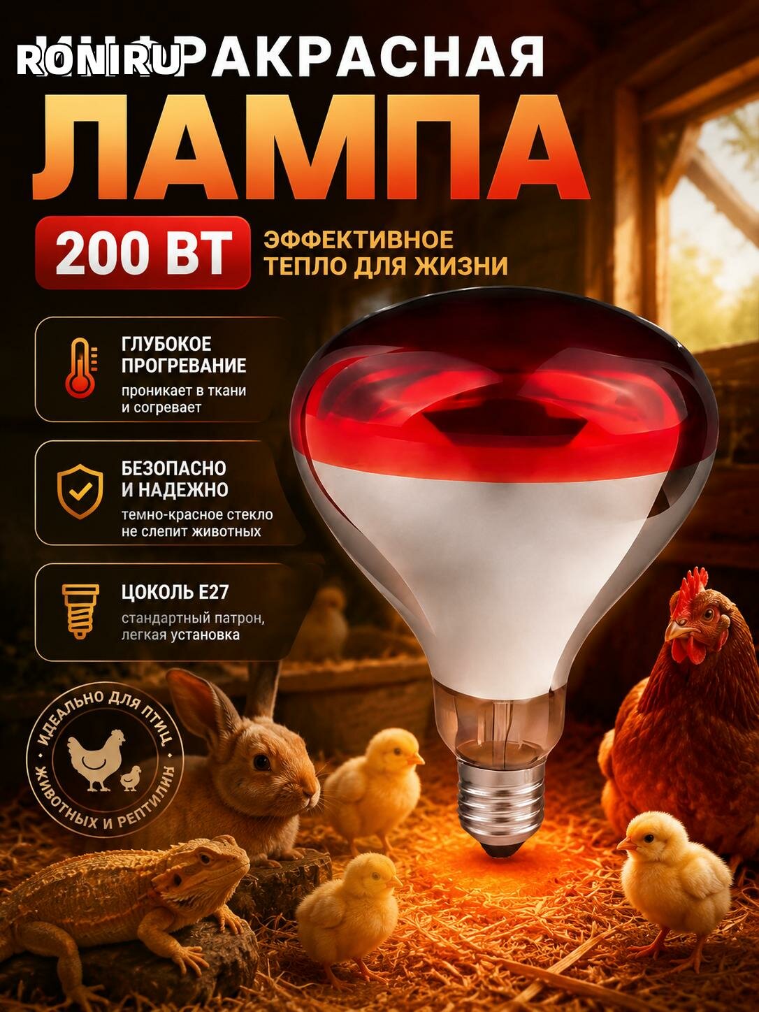 Инфракрасная лампа 200 Вт, обогрев для птиц животных и рептилий с цоколем Е27 и темно-красным стеклом эффективный термоизлучатель