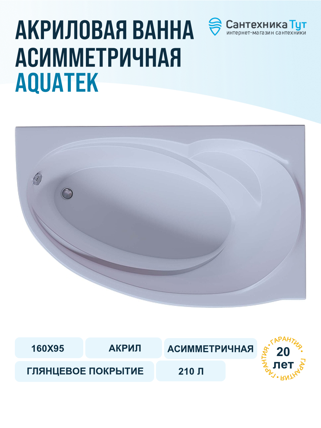 Акриловая ванна Aquatek Бетта 160х97 R BET160-0000170 цвет Белый без панелей, каркаса и слив-перелива