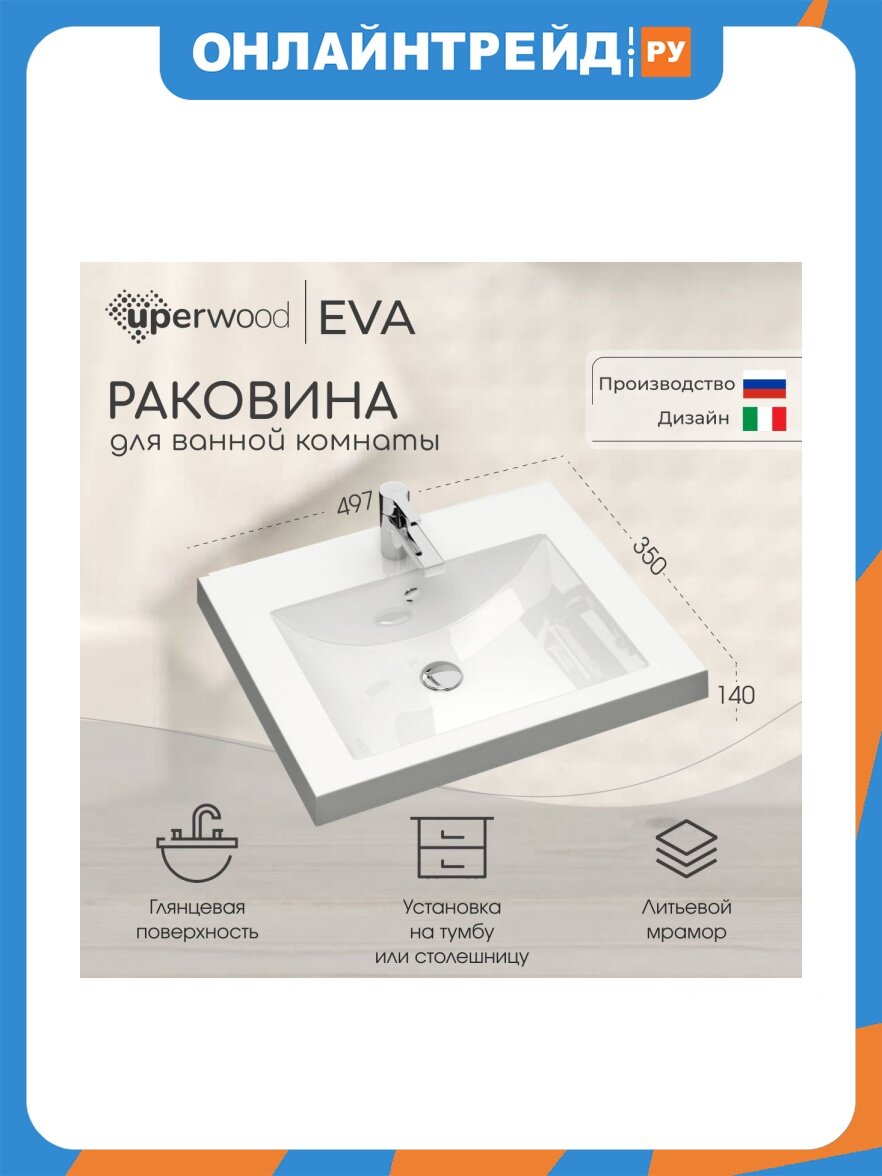 Раковина Uperwood для ванной Eva 49,7х35х12,3 см, белая глянцевая