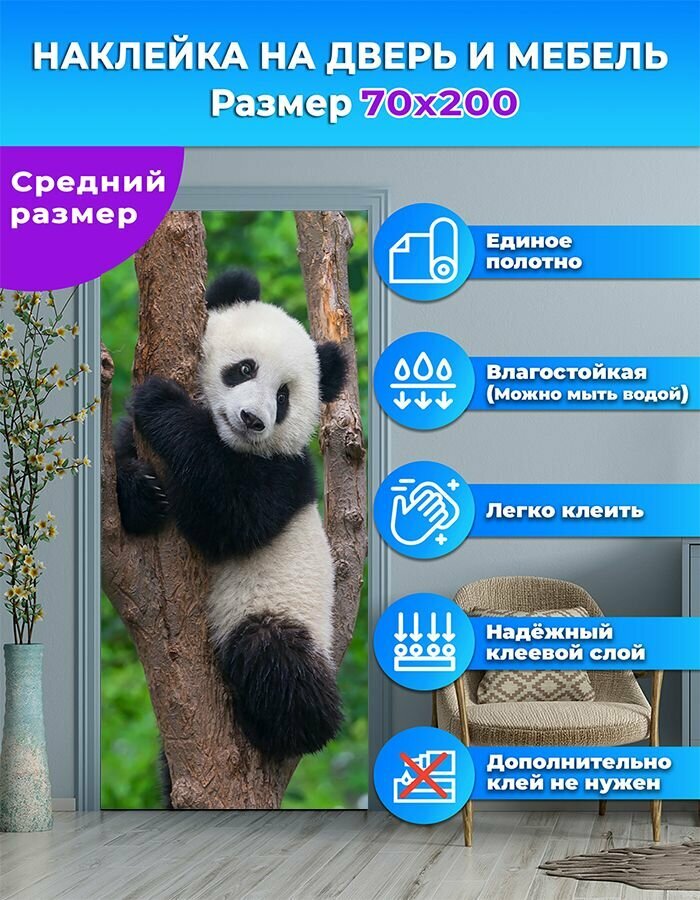 Наклейка интерьерная на дверь "Панда на дереве", самоклеющаяся 70х200 см.