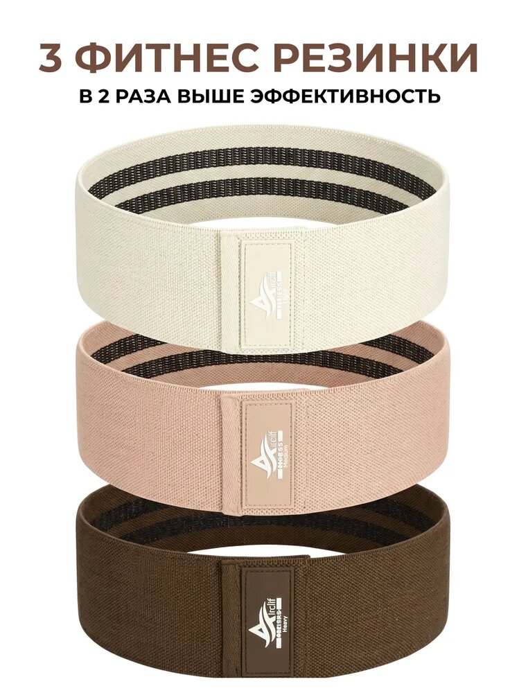 Резинки для фитнеса тканевые, набор 3 шт, с мешочком, 3 уровня нагрузки, Airclif