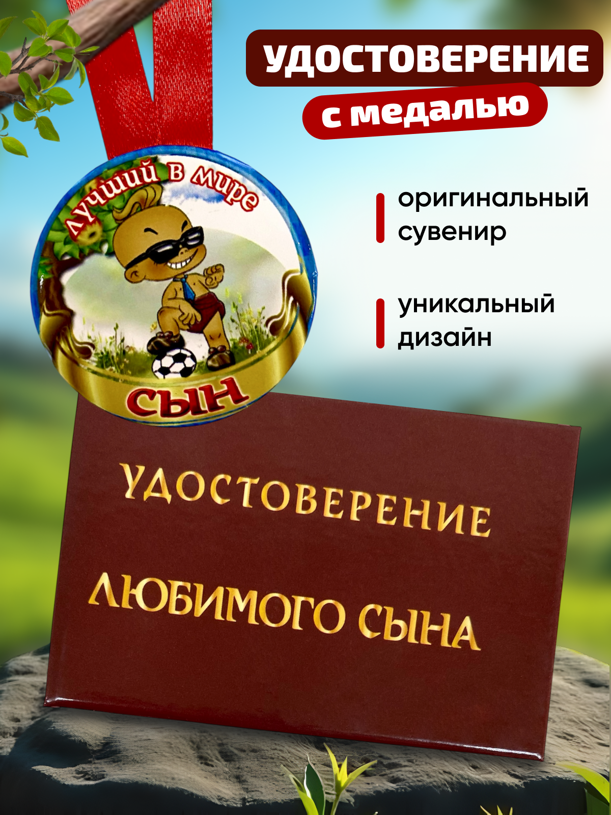 Прикольный набор Шуточное удостоверение "Любимого сына" + Медаль "Лучший в мире сын", подарок сыну