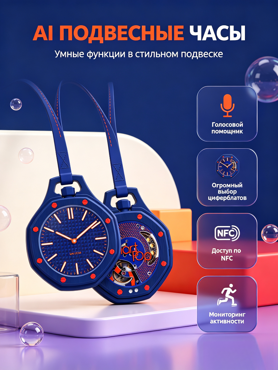 Смарт-подвеска-часы Swatch "Smart Pop", кожаный ремешок, NFC, Bluetooth, магнитная зарядка, тёмно-синий