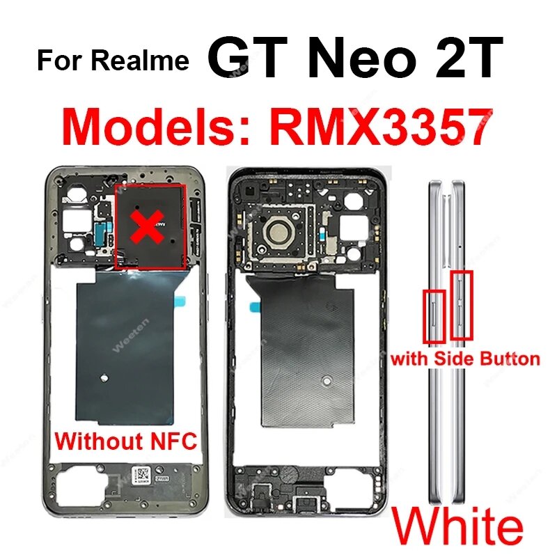Средняя рамка для Realme GT Neo Flash, GT Neo 2T, GT 5G: корпус с боковыми кнопками, GT Neo 2T White