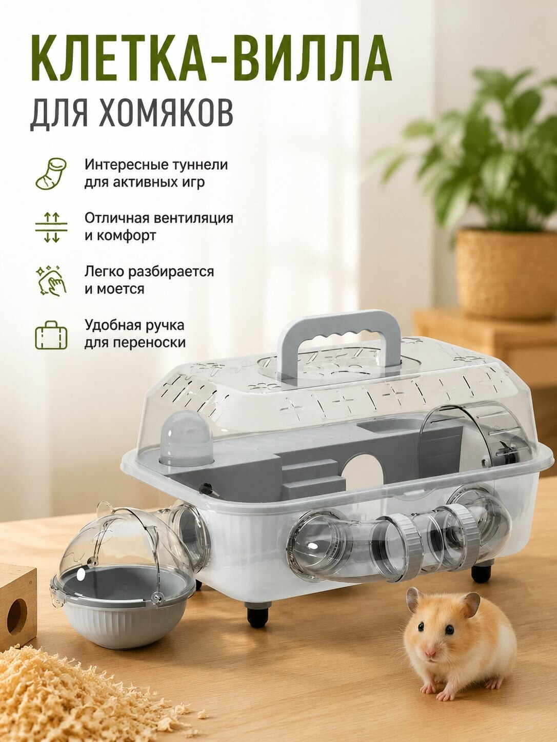 Клетка для хомяков и золотистых хомяков прозрачная пластиковая съёмная с туннелем для дома