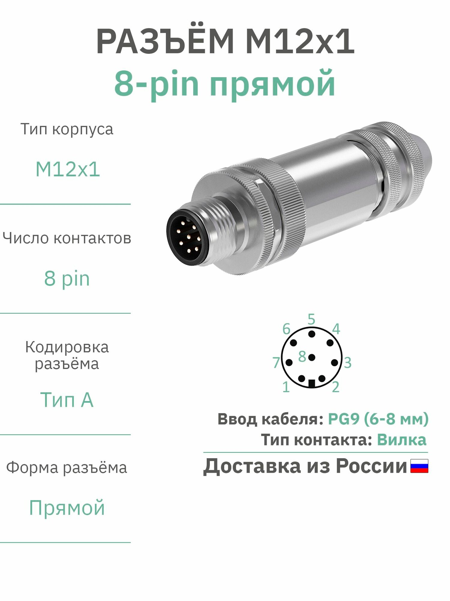 RAZM-M12-C8-PG9-LT разъём M12 Ethernet 8 pin прямой / вилка (папа) / PG9 (6-8 мм диаметр под кабель)
