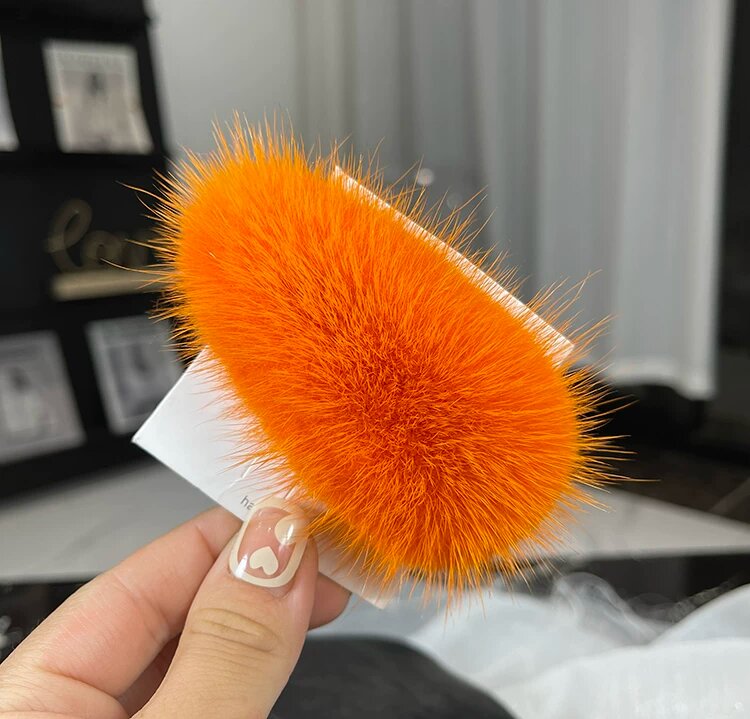 BB Korean Mink Fur Hair Clip in Orange - Elegant Hair Accessory for Women