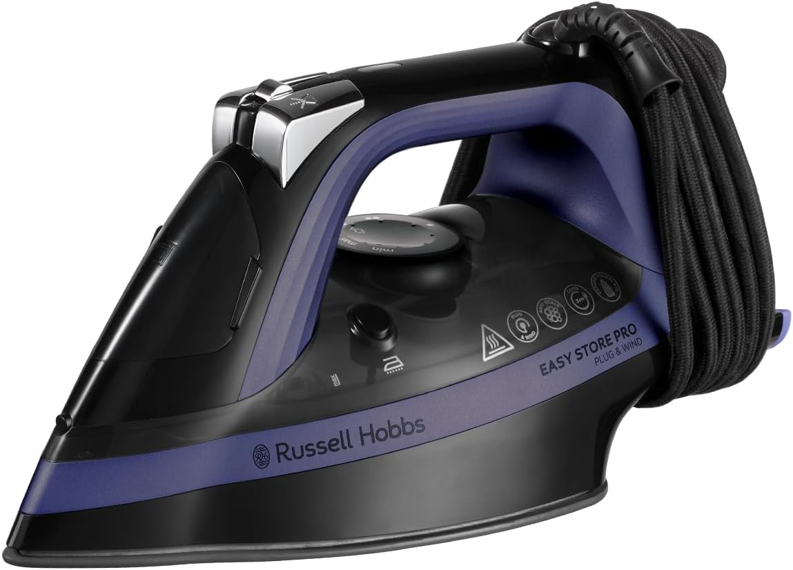 Паровой утюг Russell Hobbs 2400 Вт, 180 г пара Easy Store Pro Wrap & Clip (320 мл воды, керамическая подошва, самоочистка) черный, синий 26731-56