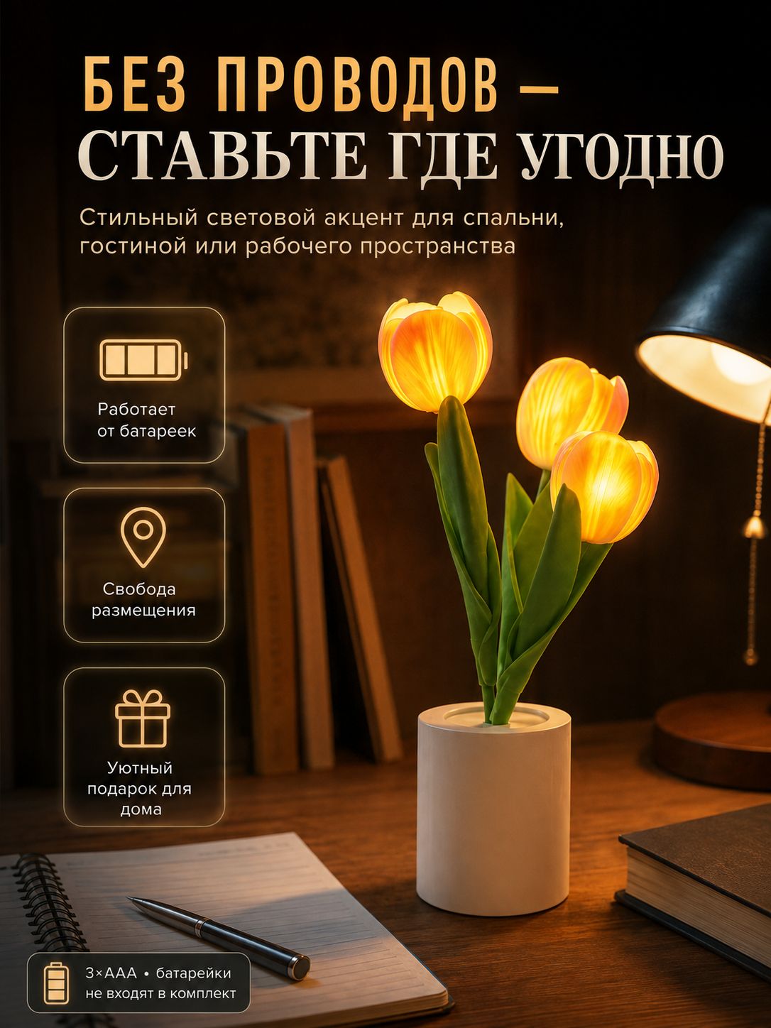 Декоративный светильник «Тюльпаны» на батарейках, LED-ночник для спальни, гостиной и рабочего стола