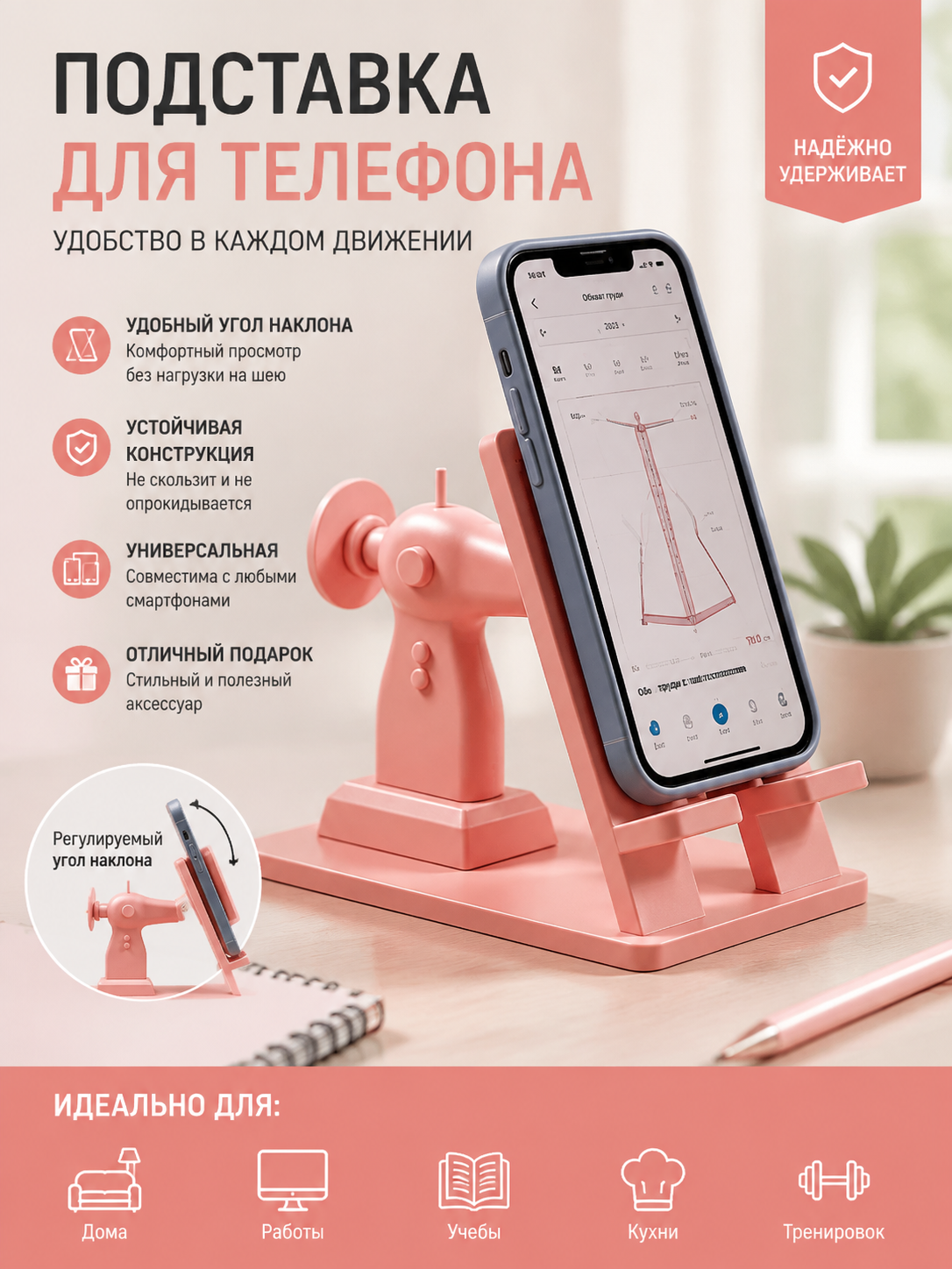 Подставка для телефона в стиле швейной машины настольного просмотра и использования выкроек