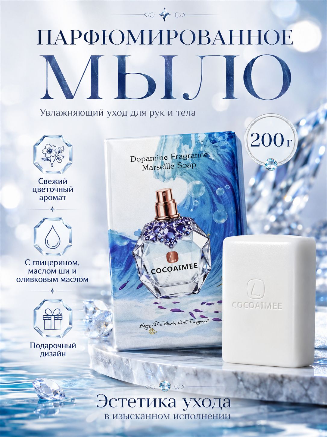 Мыло парфюмированное туалетное МТ-14 / Увлажняющее мыло с маслом ши и оливковым маслом, голубой