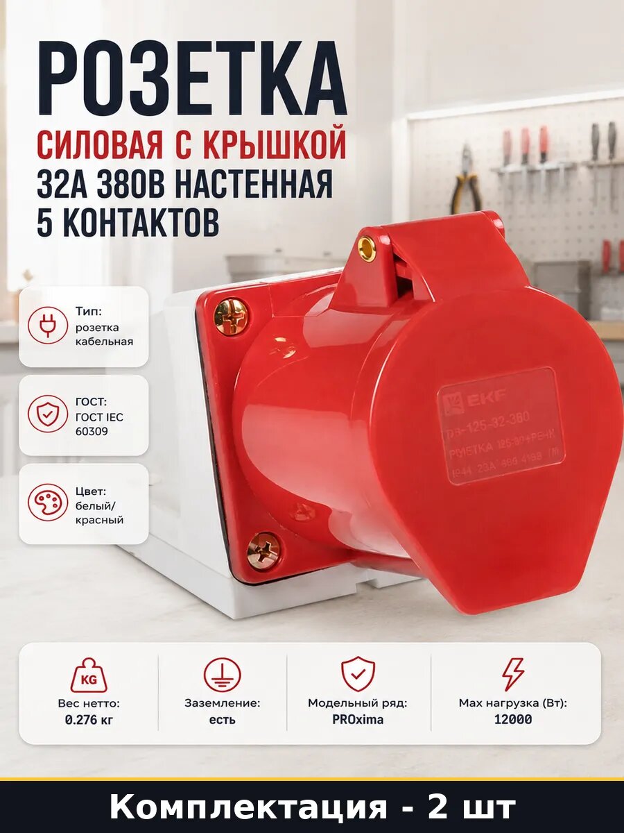 Розетка силовая с крышкой 32А 380В настенная 5 контактов